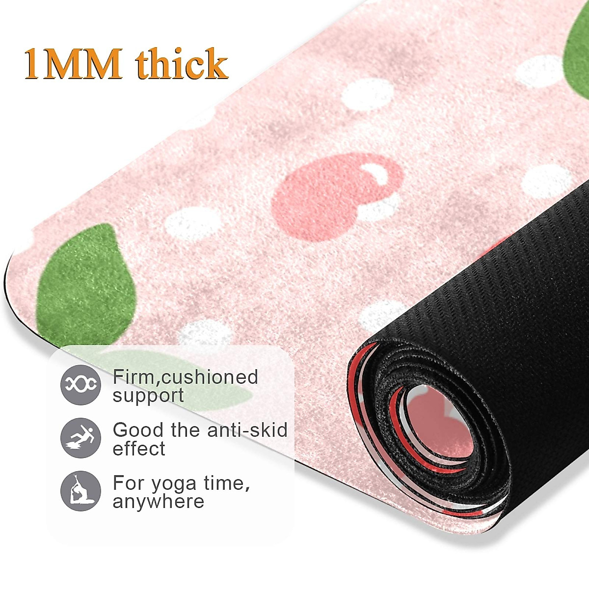OTVEE Cherry Cute Heart Yoga Mat for Women Non Slip Ultra Thin 1 MM Travel Yoga Mat with Carrying Bag Suede Fitness Exercise Mat for Yoga Pilates Workout Routines Camping