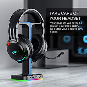 Havit RGB Gaming Headset and Headphone Stand 2 in 1 Set, Desk Dual Headset Hanger Base with Phone Holder & 2 USB Port, Gaming Headphone with Mic for Desktop PC Game PS4 PS5 Xbox