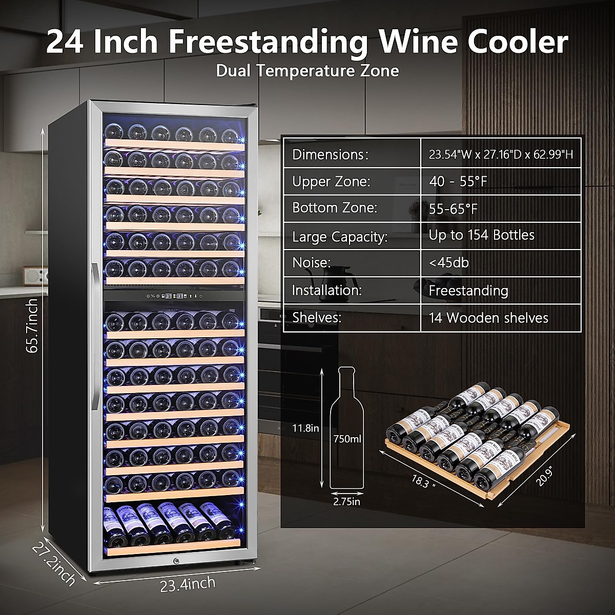 Velivi Wine Fridge Freestanding Dual Temperature Zone, Wine Cooler Refrigerator for 154 Bottles, 24 Inch Wide Large Wine Cooler with Professional Temperature Control System, Quiet Operation