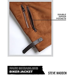 Steve Madden Women's Winter Coat - Faux Leather Moto Biker Jacket - Faux Shearling Lined Heavyweight Jacket for Women, S-XL, Size Large, Cognac