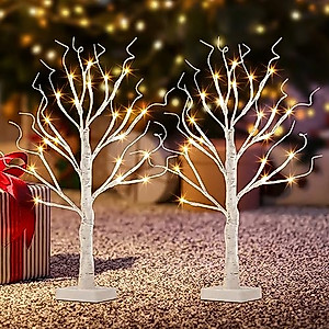 Vanthylit Tabletop Christmas Tree, White Birch Tree with LED Lights- Set of 2, Warm White Small Tree Lights Battery Powered Timer, Lighted Tree for Mantle Christmas Decorations (2FT, 24LED)