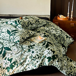 MKXI Green Floral Duvet Cover White Flowers Patterned Tropical Bedding Set Queen Size Print Duvet Cover Set for Girls Generous Plant Duvet Cover 100% Cotton Bedding