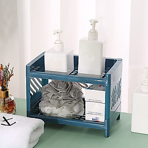 Bathroom Counter Organizer 2 Tier Kitchen Countertop Organizer Spice Rack Storage Shelf,Plastic Tabletop Perfume Cosmetic Holder Vanity Tray for Bedroom,Dressing Table,Office Supplies (Blue)