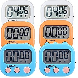 6 Pack Small Digital Kitchen Timer Magnetic Back and ON/Off Switch,Minute Second Count Up Countdown (Multicolored)