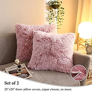 XeGe 3 Pieces Soft Faux Fur Throw Blanket Set, Fluffy Furry Blanket 50x60, Shaggy Plush Fuzzy Blanket with Set of 2 Throw Pillow Covers 20x20 for Bed Couch Sofa Living Room Office Dorm, Pink Ombre