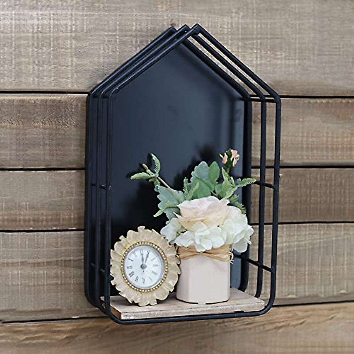House Shaped Black Metal Ledge, Rural Farmhouse Floating Wall Shelf for Kitchen, Bathroom, Bedroom, Living Room or Office with Wood Board,9.5x15