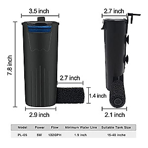 PULACO Aquarium Internal Filter 3 to 20 Gallons, for Turtle Tanks, Reptiles, Amphibians, Frog, Cichlids, Newt or Fish Tank