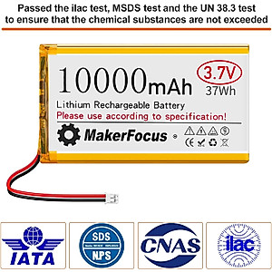 MakerFocus 3.7V LiPo Battery 10000mAh Lithium Rechargeable Battery with Integrated Protective Board, Insulation Coating and PH2.0A Plug for Raspberry Pi UPS Board and Other