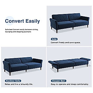 HONBAY Convertible Futon Bed Velvet Sleeper Sofa Tufted Couch Bed with Adjustable Armrests for Apartment, Blue