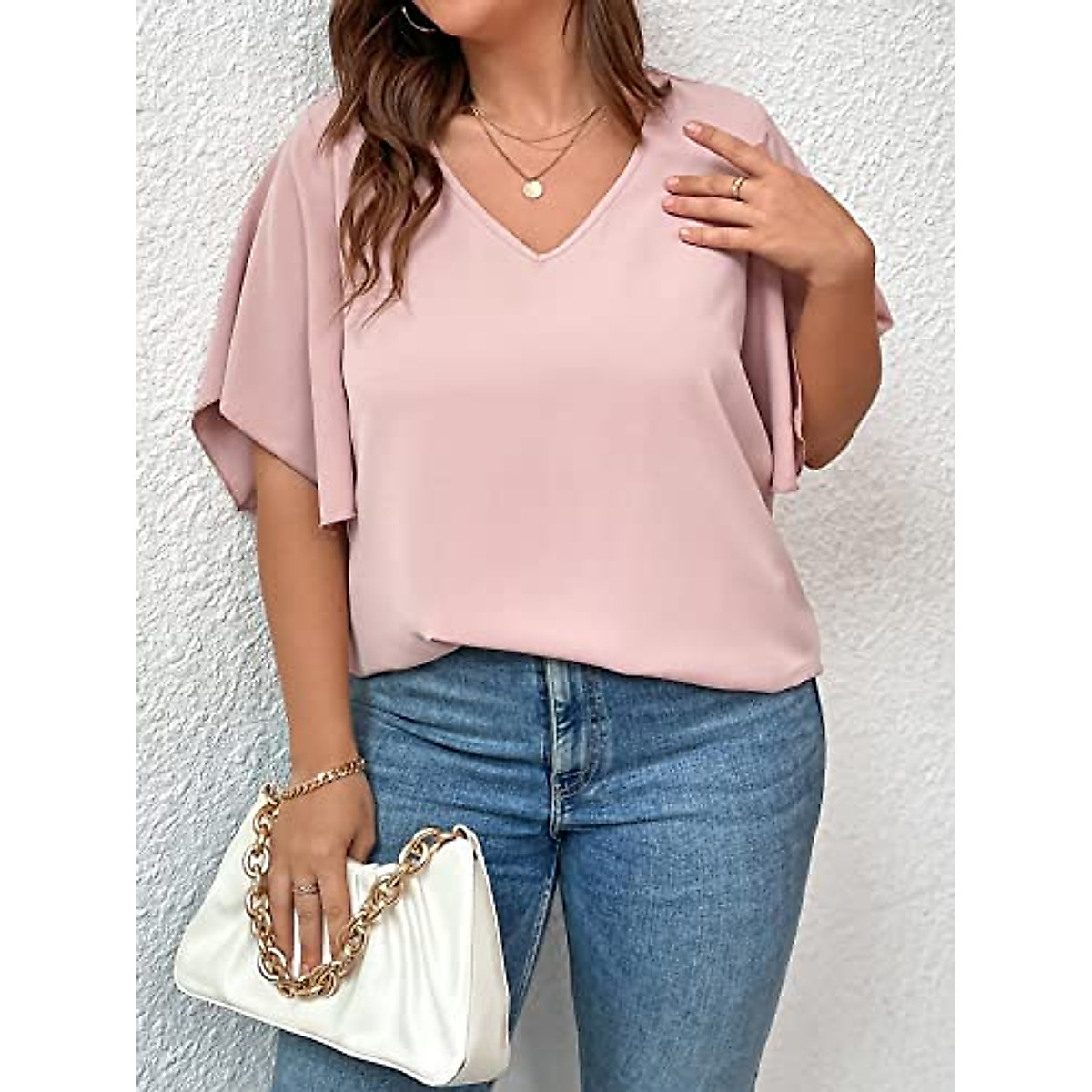 SOLY HUX Womens Plus Size Blouse Summer Tops V Neck Short Sleeve Casual Work Shirts Loose Flowy Blouses 2023 Solid Pink 3XL