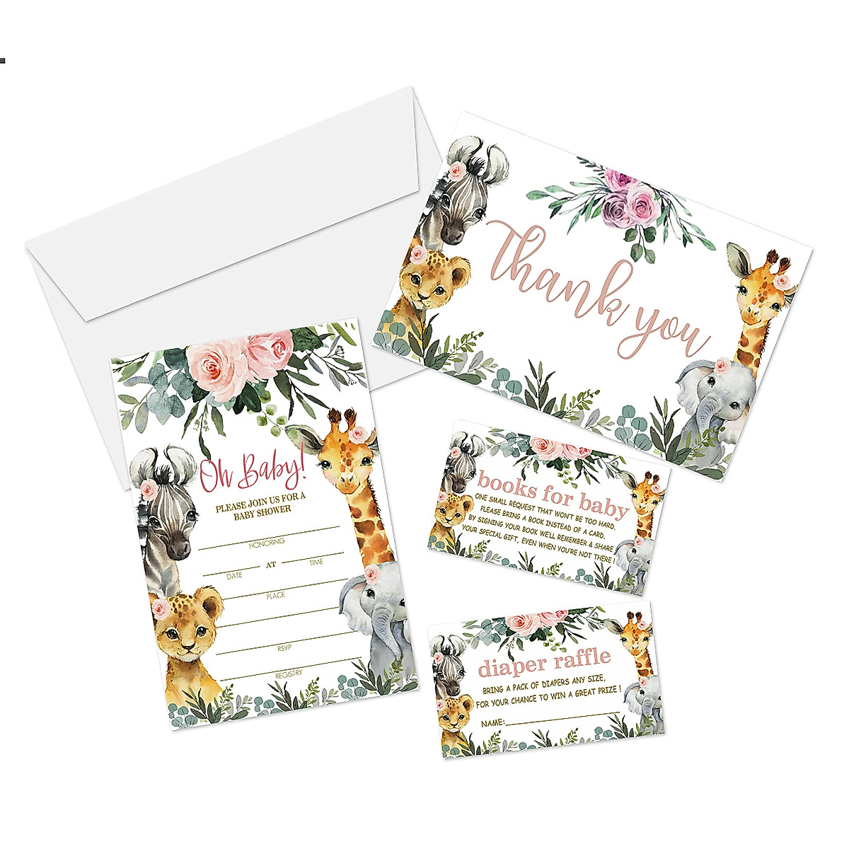 Safari Baby Shower Invitation Set, Fill In Invites Cards, Books For Baby, Thank You, Diaper Raffle, Oh Baby, Each Design 25 Cards & Envelopes (Total 100 Cards) – (bb002-taozhuang)
