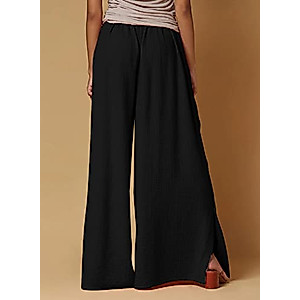 Dokotoo 2023 Fashion Cotton Wide Leg Linen Pants for Women Spring Summer Solid Elastic High Waist Drawstring Side Button Split Long Pants Beach Sport Office Jogging Jogger Black M