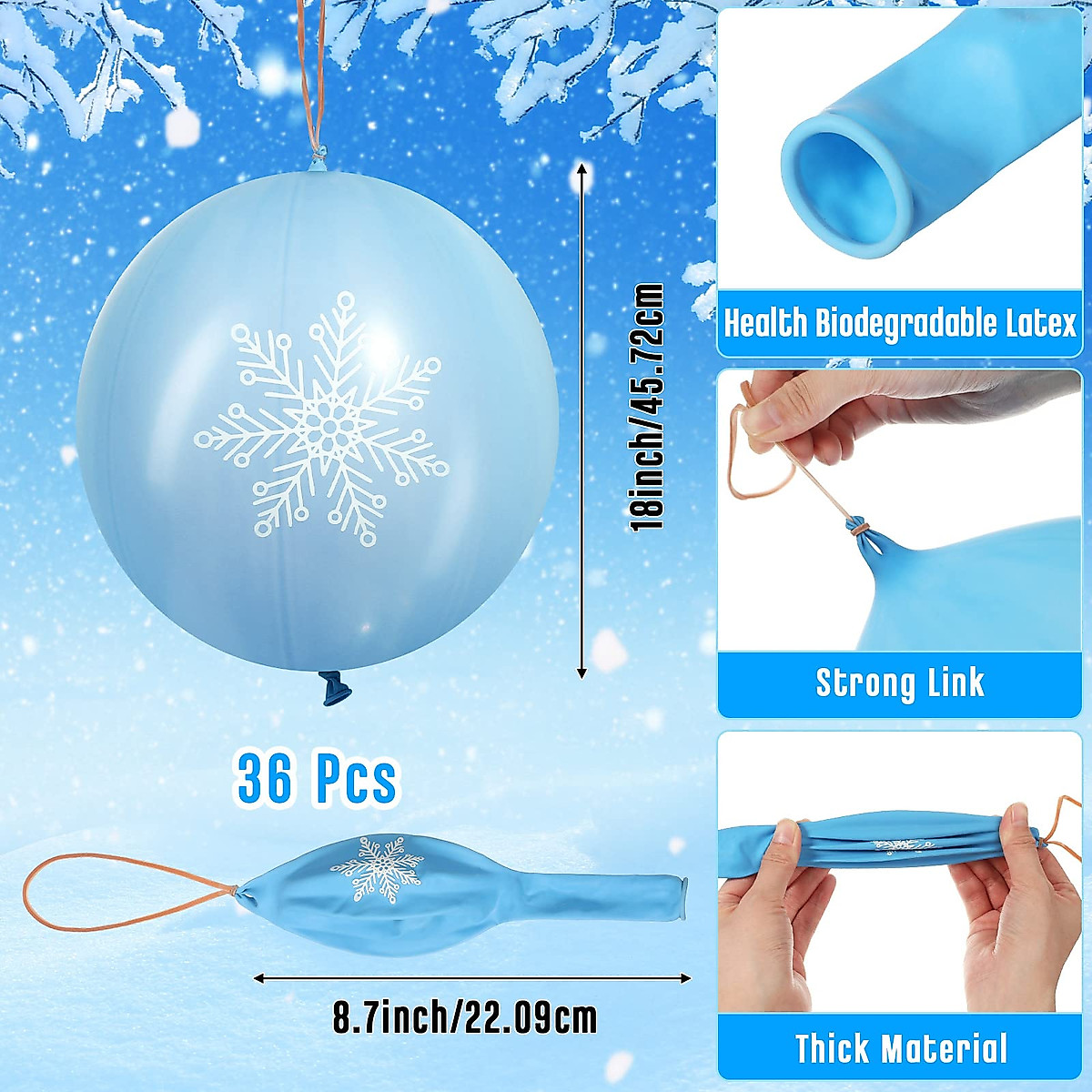 36 Pcs 18 Inch Snowflake Punch Balloons Winter Theme Punching Balloon Kids Party Favors Carnival Prizes Bounce Balloons with Rubber Band Handle for Birthday Party Daily Game School (Blue Pink Purple)