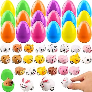 Haconba 24 Pack Easter Eggs Prefilled Stuffed with 24 Pack Mini Easter Rabbit Animal PullBack Toy Cars Inside for Easter Gifts Easter Theme Party Eggs Hunt Game Chest Toys
