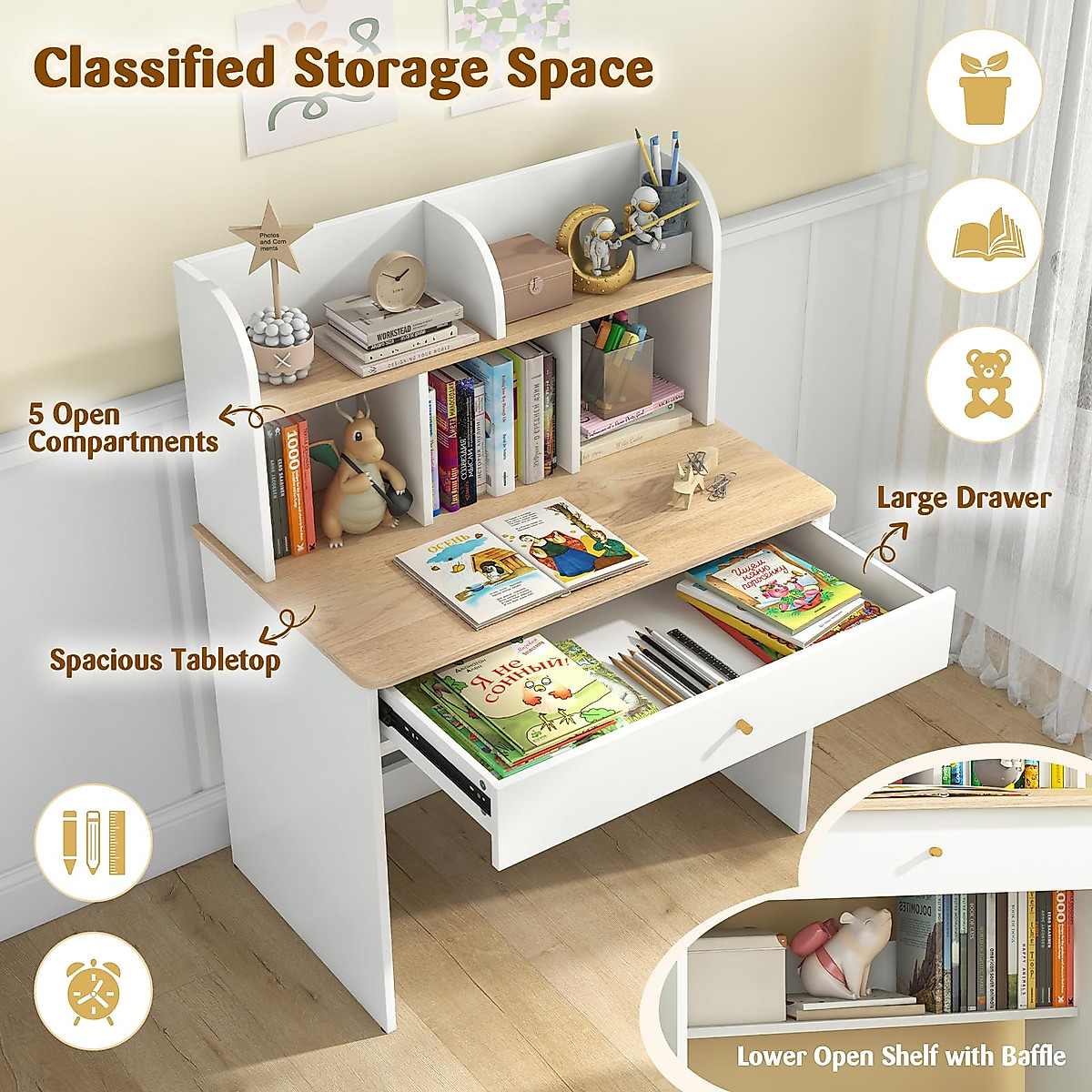 HONEY JOY White Kids Desk, Wooden Children School Study Table with Hutch, Pull-Out Drawer, Storage Shelves, Student Writing Desk Computer Workstation for Bedroom, 3+ Years Old