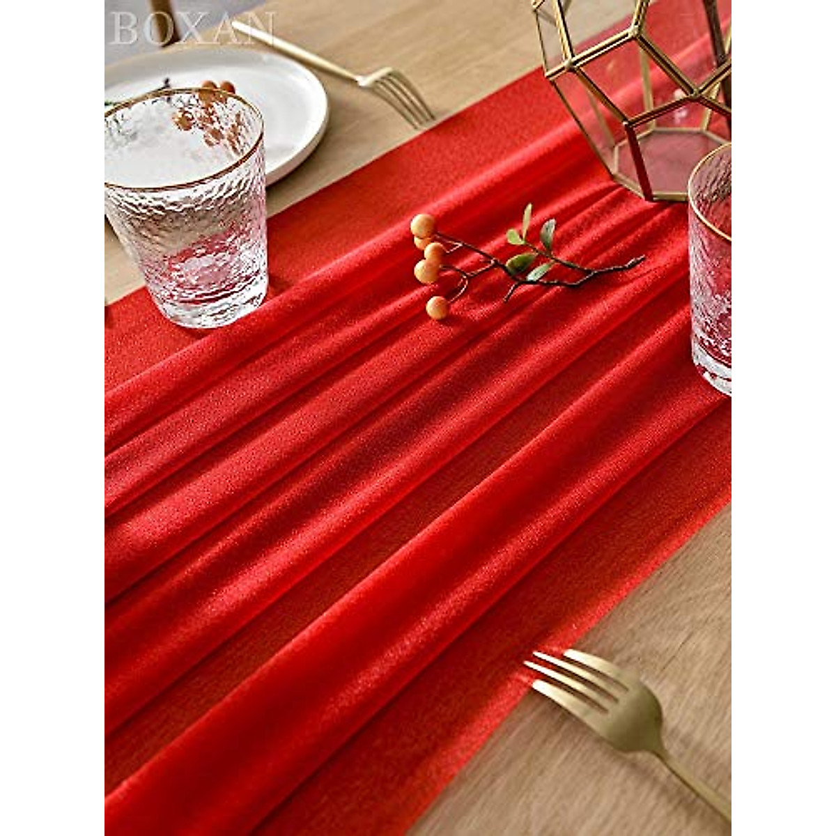 BOXAN Romantic 30x120 Inch Red Sheer Table Runner for Valentine's Day14th February, Wedding Anniversary, Marriage Proposals or Engagements Party Mother's Day Table Swag Valance Reception Decor
