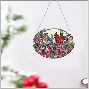 LYENYI DIY 5D Cardinal Bird Diamond Painting Kits Hanging Sign Wall Art Special Shaped Crystal Flowers Birds Window Pendants Home Garden Door Kits, Clear