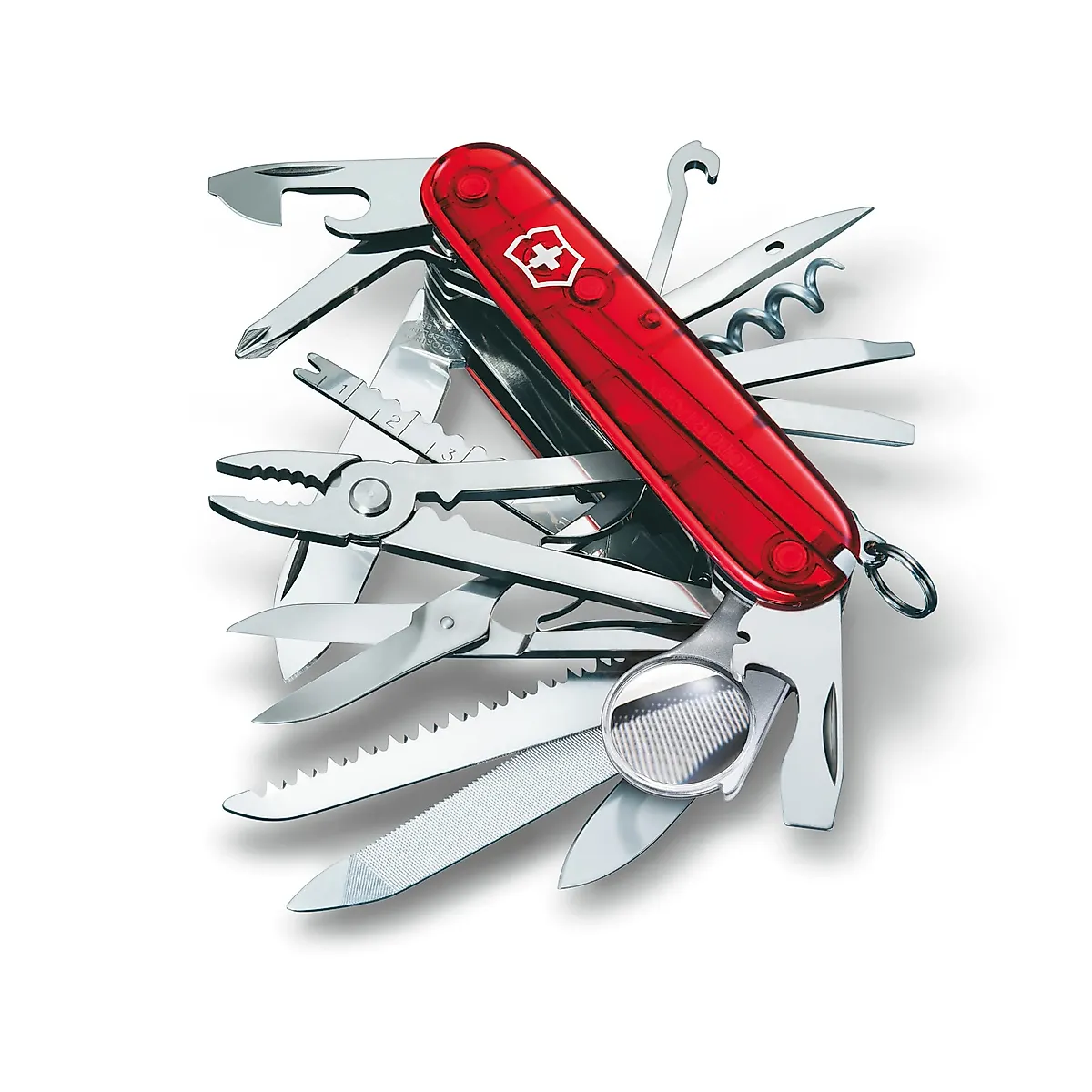 Victorinox Swiss Champ Swiss Army Knife, 33 Functions, Swiss Made Pocket Knife with Large Blade, Screwdriver, Chisel and Combination Pliers - Ruby