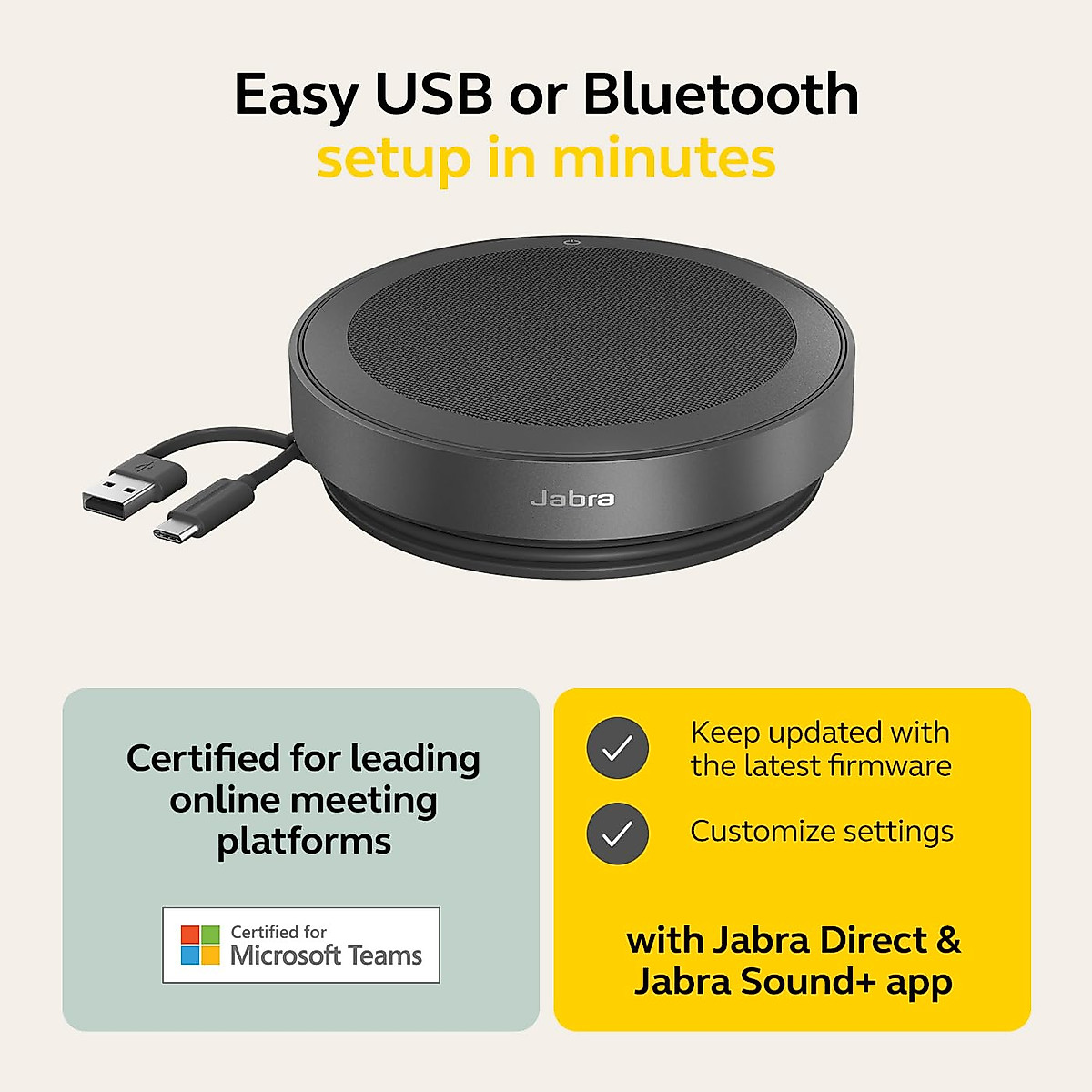 Jabra Speak2 75 Wireless Bluetooth Speakerphone - Portable Speaker with 4 Noise-Cancelling Mics, 65mm Full-Range Speakers & USB-A Bluetooth Adapter - Certified Microsoft Teams Speaker - Dark Grey