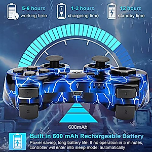 Blue Wireless Remote Works for PS3 Controller, OUBNAG Gamepad for PS3 Controllers Compatible with Playstation 3 Controller, Cool Lightning Pa3 Controller Gift for Kids Boy Girl Man Lightning Blue