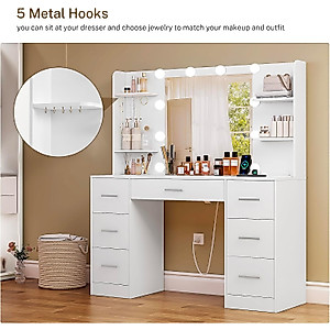 FIONESO Large Makeup Vanity, 43.3" Vanity Desk with Mirror and Lights, Makeup Vanity Table with 7 Drawers, 4 Shelves, 5 Jewel Hooks & Power Strip, Vanity Desk Set for Bedroom, White