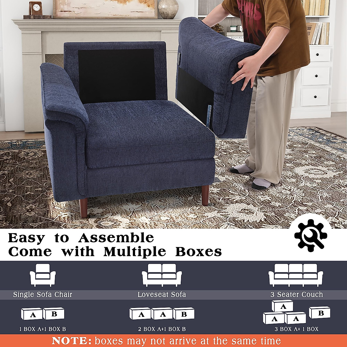 Hanherry 99" Modular Sectional Sofa Couch for Living Room, Comfy 3-Seater Chenille Fabric Couch, Curved Wide Armrest, High Backrest,Wide and Deep Seat, Upholstered Couch & Removable Cover