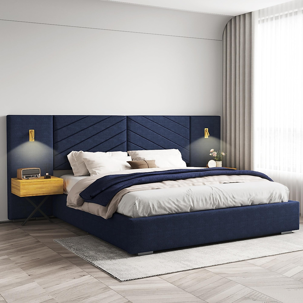 DEINPPA Luxury Bed Frame with Built-in Gold LED Lights and Nightstands, King Size Platform Bed with Oversize Upholstered Headboard, No Box Spring Needed-Royal Blue