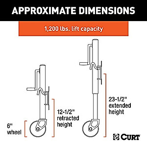 CURT 28112 Marine Boat Trailer Jack with 6-Inch Wheel, 1,200 lbs. 11 Inches Vertical Travel, CLEAR ZINC