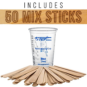TCP Global 10 Ounce (300ml) Disposable Flexible Clear Graduated Plastic Mixing Cups - Box of 50 Cups & 50 Mixing Sticks - Use for Paint, Resin, Epoxy, Art, Kitchen - Measuring Ratios 2-1, 3-1, 4-1, ML