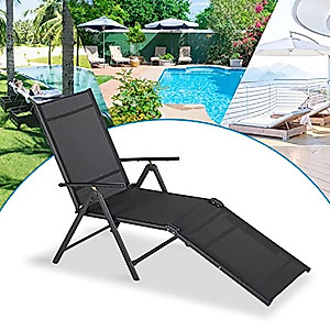 AECOJOY Outdoor Lounge Chair, Adjustable Reclining Folding Pool Lounger with 7 Back & 2 Leg Adjustable Positions, Chaise Lounge for Outside Patio, Poolside,Deck, Black