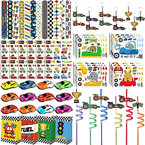 Erweicet Race Car Party Favors 84 PCS Mini Race Cars Keychains Slap Bracelet Stickers Straws Goody Treat Candy Bags for Kids Birthday Party Classroom Reward