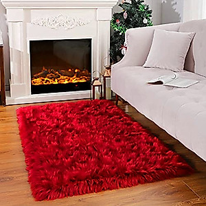 BENRON Red Sheepskin Fluffy Rug 3x5 FT, Luxury Faux Fur Rugs for Kids Girls Nursery Living Room Christmas Decor Shag Furry Carpet