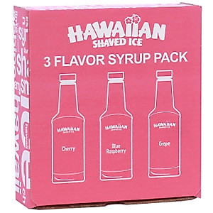 Hawaiian Shaved Ice Syrup Assortment, 3 - 16oz Bottles Of The Most Popular Flavors: Cherry, Grape, Blue Raspberry. Perfect For Shaved ice, Snow Cones, Sodas, Ice Pops, and Slushies. Allergy-friendly