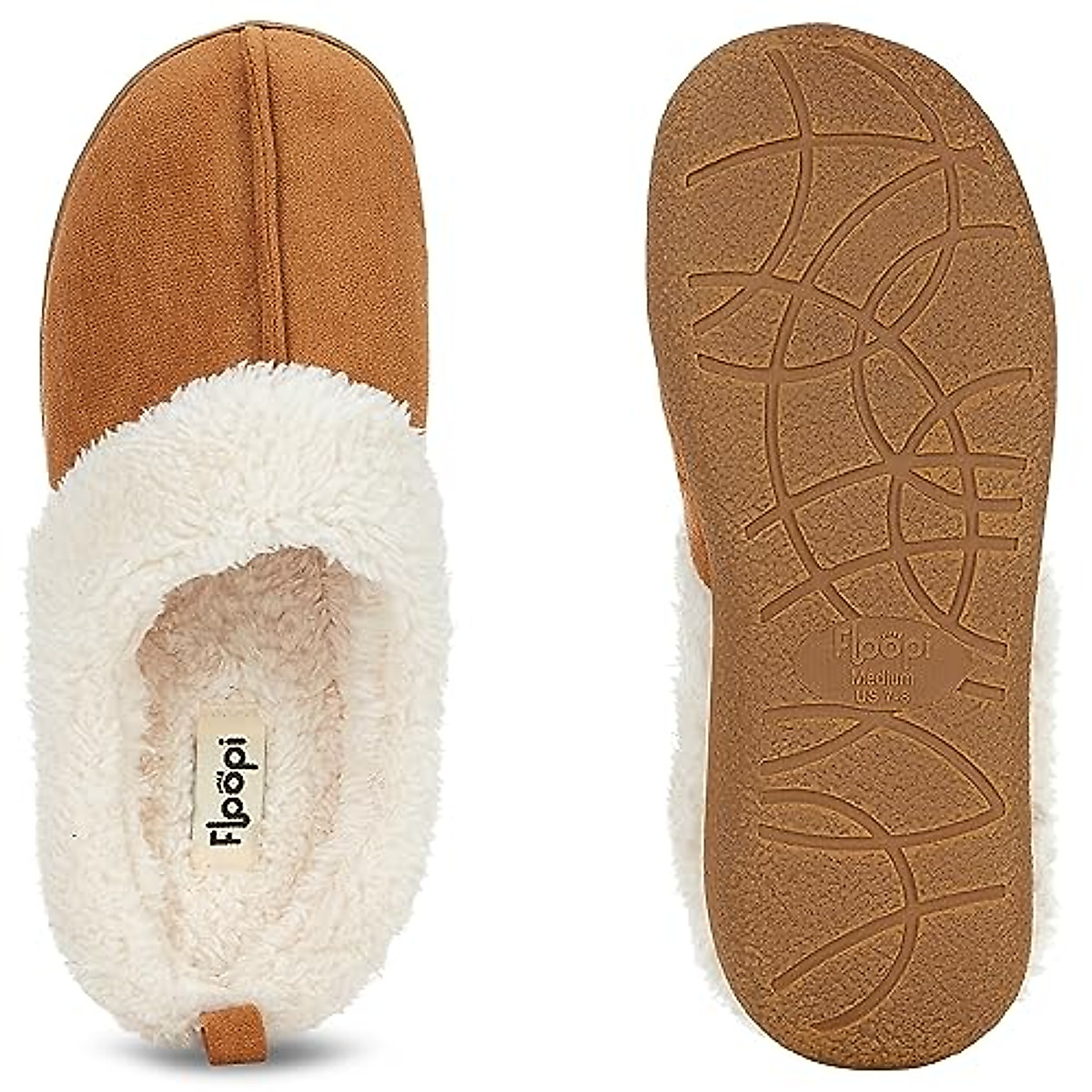 Floopi House Slippers for Women, Fur Lined Clog Womens Slippers Cozy Memory Foam with Indoor & Outdoor Anti Skid Sole (M, Chestnut-301)