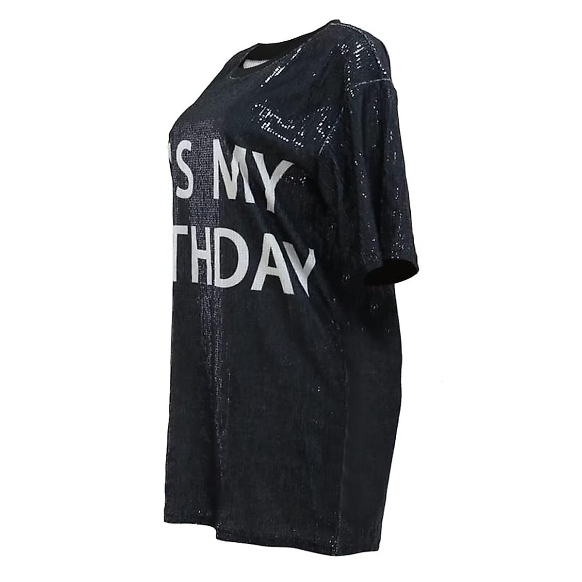 KIRJAUDU Womens Sparkly Sequin Shirt Dress Letter Print 3/4 Sleeve Short Dresses Party Clubwear Black XXL