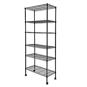 YSSOA Heavy Duty 6-Shelf Shelving with Wheels, with Hanging Hooks, Wire Shelving, Adjustable Storage Units, 29'' D x 14'' W x 70'' H, 6 Tier, Black