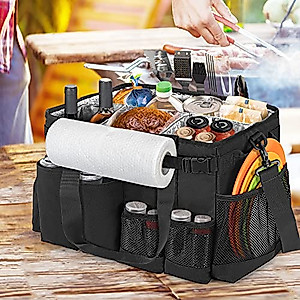 HODRANT Large Grill Utensil Caddy with Paper Towel Holder, Collapsible Picnic Bag Organizer for BBQ Supplies, Tailgating Accessory Basket Camping Gear Must Haves for Cook Essentials, Black, Bag Only