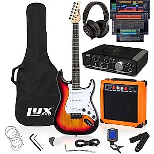 LyxPro Full Size Electric Guitar Sunburst with 20w Amp Package, Mackie Onyx Artist 2-2 Audio/Midi interface With Pro Tools First/Tracktion Music Production Software Kit With Professional Headphones