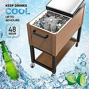 VINGLI 80 Quart Rolling Ice Chest on Wheels, Patio Cooler Cart with Waterproof Cooler Cart Cover, Beverage Rolling Cooler for Outdoor Patio Deck Party (Brown)