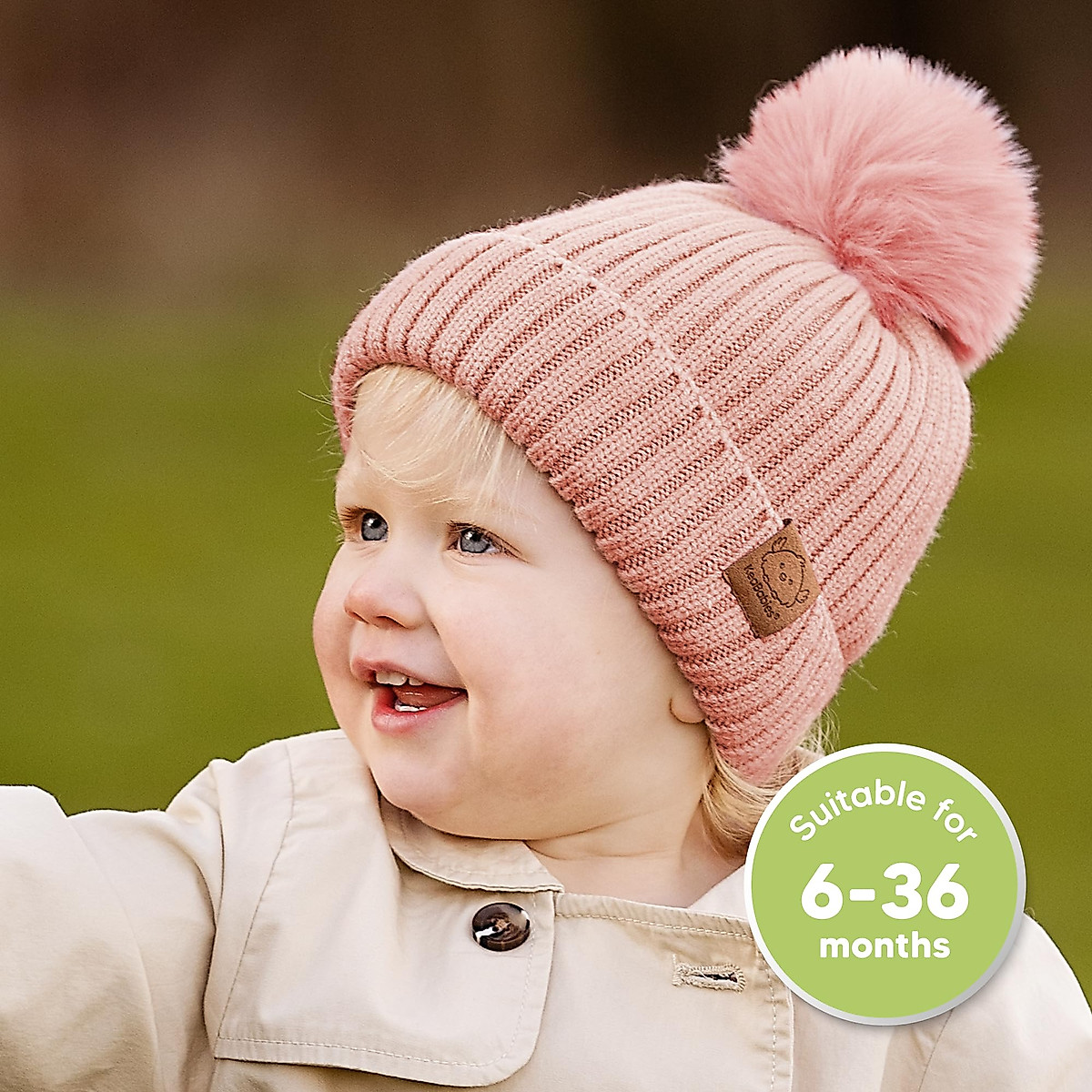 2-Pack Baby Hats for Girls, Boys - Stretchy Baby Beanies, Cute Newborn & Toddler Winter Hat, Soft & Warm Pom Pom Beanie for Infant, Toddler, Boys, Girls 6-36 Months (Fawn, M)