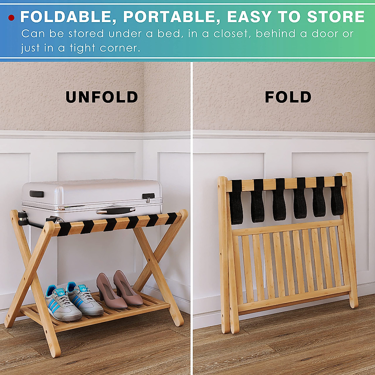 SMIBUY Luggage Rack, Foldable Bamboo Suitcase Stand with Storage Shelf for Guest Room, Bedroom, Hotel, Heavy-Duty, 1 Pack (Natural)