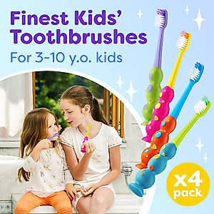 Kids Toothbrush 4 Pack - Soft Bristles with Suction Cup - Toothbrush Kids, Child Sized Brush Heads, 3-10 Year Old Kid Toothbrush with Easy Storage - Toddler, Girl and Boy Set (4-Pack, Multi-Color)