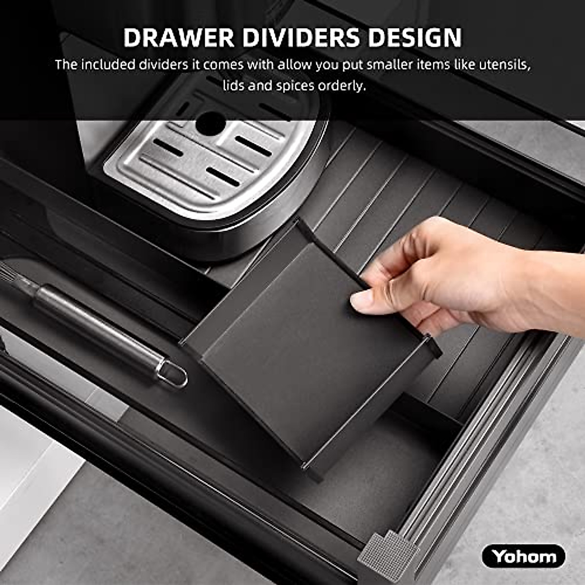 YOHOM Pull Out Tray for Kitchen Cabinet Single Tier Slide Out Pantry Shelf Basket Heavy Duty Roll Out Extendable Sliding Drawer Organizer with Dividers 14" W x 21" D