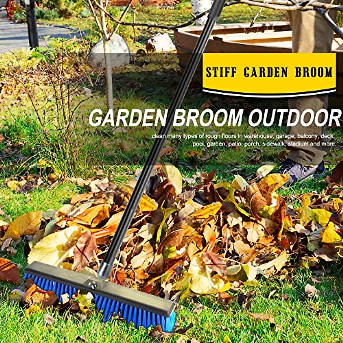 18 Inches Outdoor Push Broom Heavy Duty Shop Broom with 63" Long Handle for Deck Driveway Garage Yard Patio Concrete Floor Cleaning(Blue)