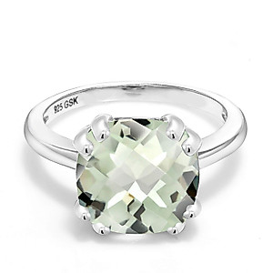 Gem Stone King 925 Sterling Silver Green Prasiolite Double Prong Ring For Women (3.33 Cttw, Cushion Checkerboard 10MM, Available In Size 5, 6, 7, 8, 9)
