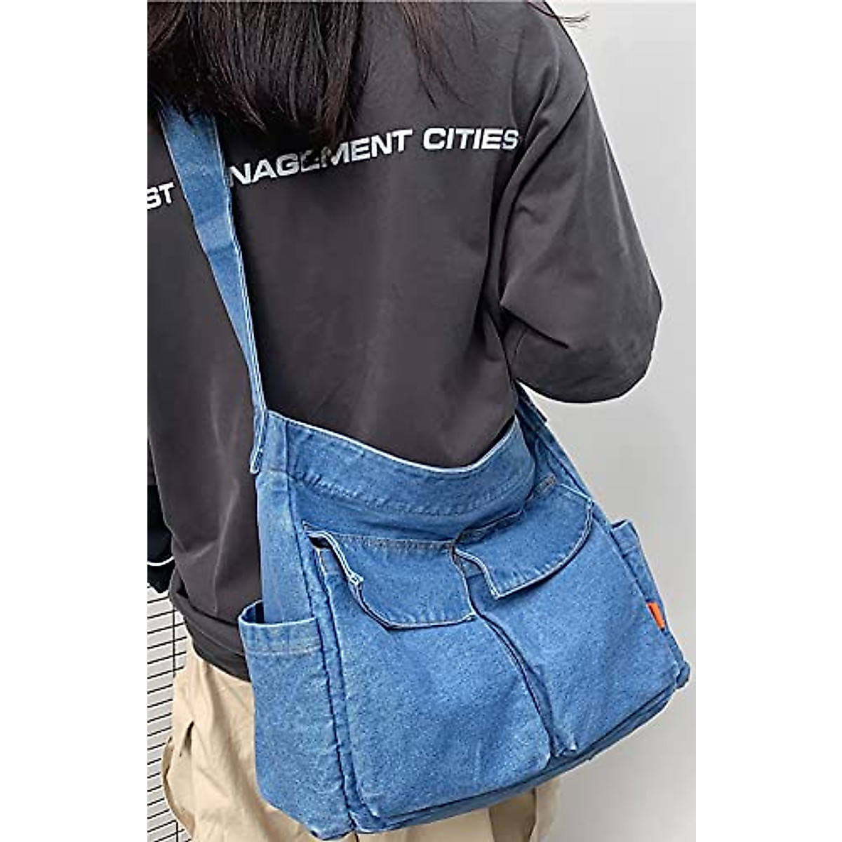 Single Color Denim Canvas Handbag Cross Body Shoulder Purse Bag Tote-Handbag with Pockets Daily Use Large Capacity for Women