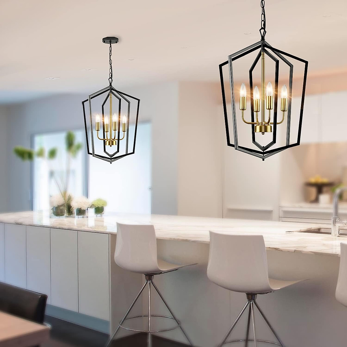 WJShome Lantern Pendant Light, 4-Light Gold Farmhouse Pendant Light, Modern Ceiling Hanging Light Fixture for Bedroom Kitchen Island Foyer Aisle Living Room Entryway Dining Room Hallway.