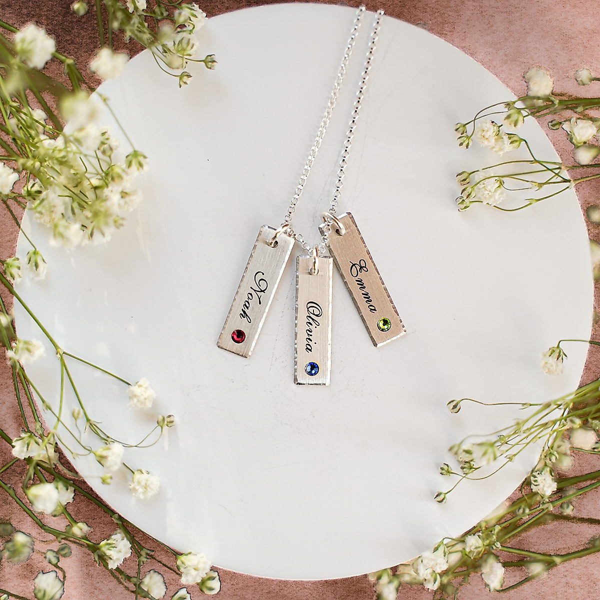 Unity in Three with Swarovski Setting Personalized Charm Necklace. Customized Pendants with Names of Your Choice. Choose Up to 3 Birthstones, and 925 Chain. Gifts for Her