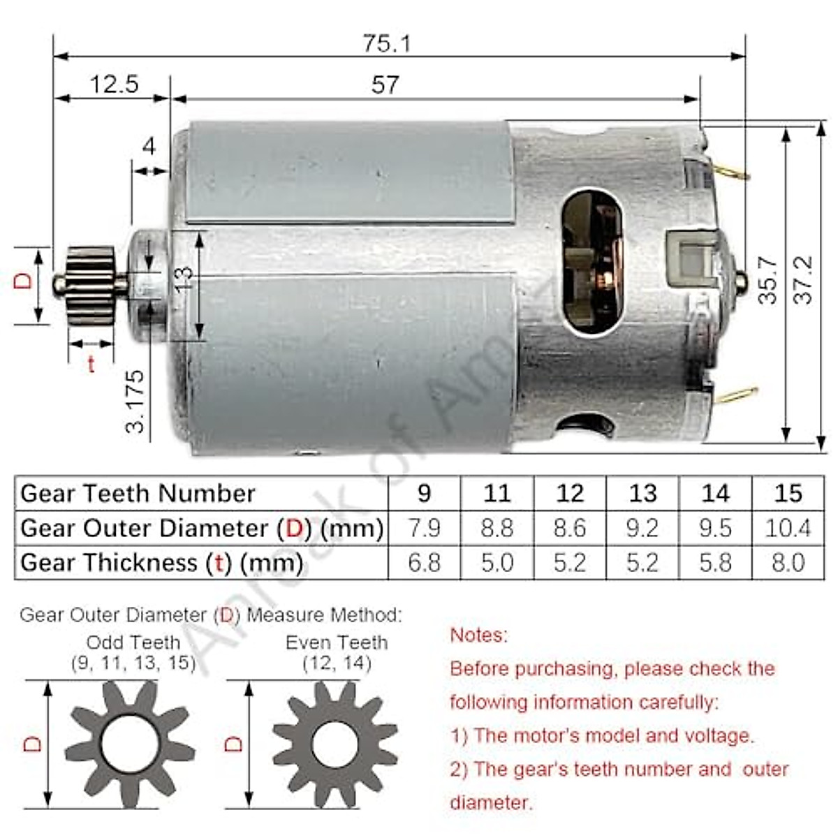 RS550 18V 15 Teeth (Φ10.4mm) Drill Motor Replacement, 9.6-25V 9-15 Teeth 25000 RPM Motor for Lithium Battery and Cordless Drill