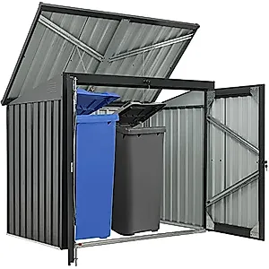 Hanover Trash and Recyclables Galvanized Steel Storage Shed with Pent Roof and 2-Point Locking System in Dark Gray, Stores 2 Trash Cans, 3.3-Ft. x 5.2-Ft. x 4.4-Ft.